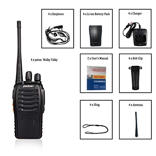 pxton Walkie Talkies Long Range for Adults with Earpieces,16 Channel Walky Talky Rechargeable Handheld Two Way Radios with Flashlight Li-ion Battery and Charger(4 Pack)