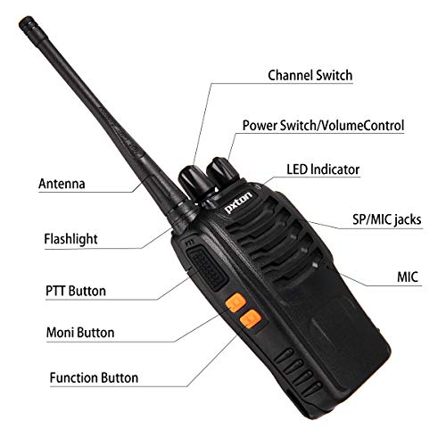 pxton Walkie Talkies Long Range for Adults with Earpieces,16 Channel Walky Talky Rechargeable Handheld Two Way Radios with Flashlight Li-ion Battery and Charger(4 Pack)