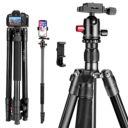 ZIKZOK Professional 62" DSLR Tripod Camera Tripods with Phone Holder for Travel, Super Lightweight and Reliable Stability, Ball Head Tripod Detachable Monopod with Carry Bag (Black)