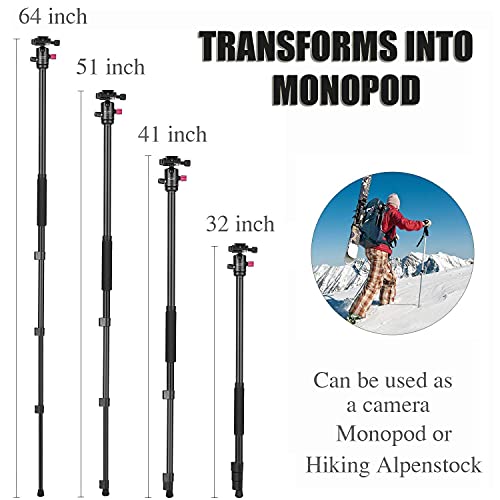 ZIKZOK Professional 62" DSLR Tripod Camera Tripods with Phone Holder for Travel, Super Lightweight and Reliable Stability, Ball Head Tripod Detachable Monopod with Carry Bag (Black)