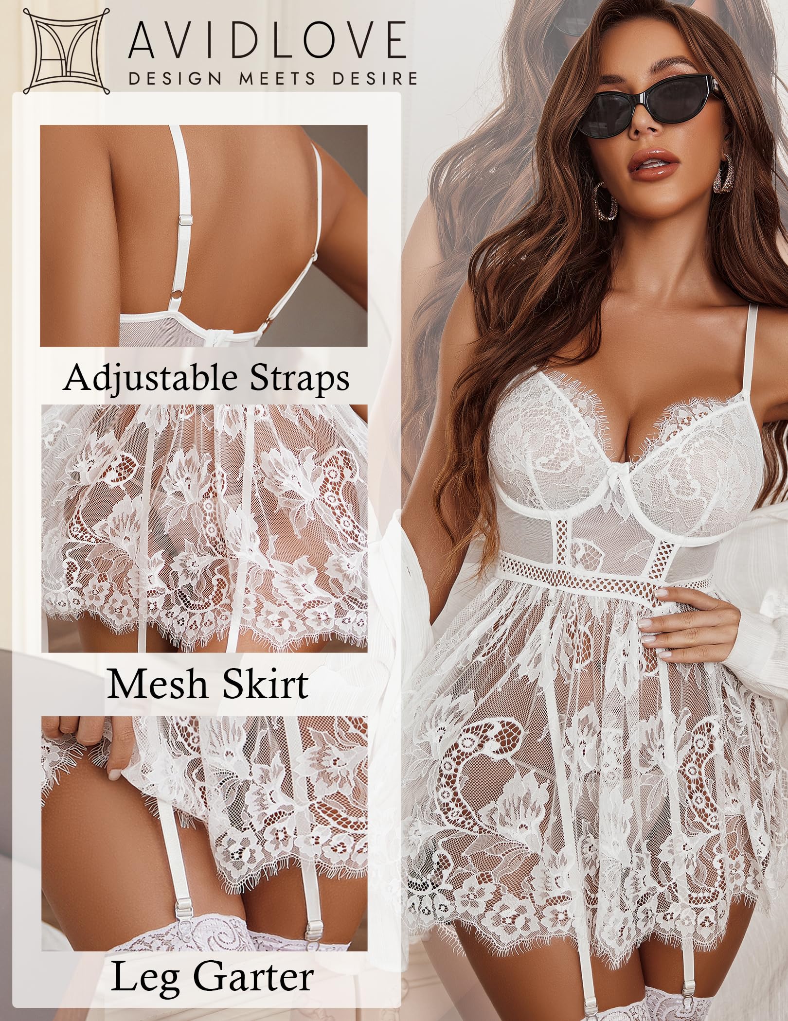 Avidlove Lace Garter Lingerie for Women Mesh Chemise Teddy Lingerie (White, Medium)