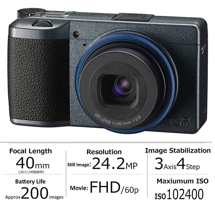 Ricoh GR IIIx Urban Edition, Metallic Gray Body with Navy Blue Ring, Digital Compact Camera with 24MP APS-C Size CMOS Sensor, 40mmF2.8 GR Lens (in The 35mm Format)