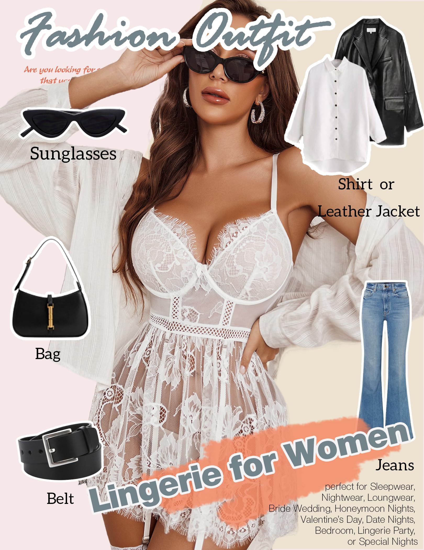 Avidlove Lace Garter Lingerie for Women Mesh Chemise Teddy Lingerie (White, Medium)