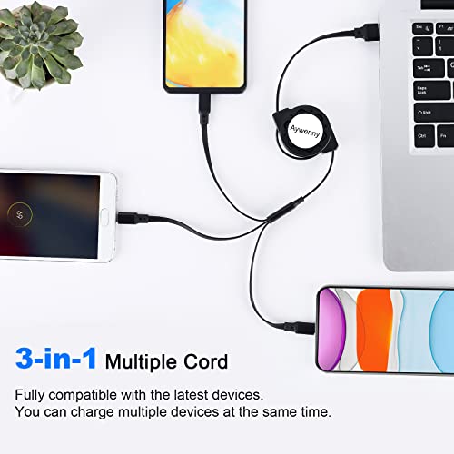 Aywenny [2023 Upgraded 3 Pack Multi Retractable Charging Cable, 3 in 1 USB Charging Cable with USB C/Micro USB/Phone Port, 3.3FT Charging Cable for Phone 14 13 12 11 XS XR X 8 7 6 SE,Galaxy (3park)