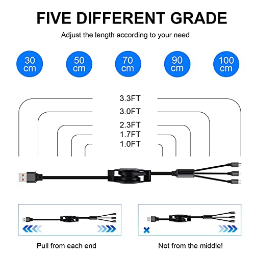Aywenny [2023 Upgraded 3 Pack Multi Retractable Charging Cable, 3 in 1 USB Charging Cable with USB C/Micro USB/Phone Port, 3.3FT Charging Cable for Phone 14 13 12 11 XS XR X 8 7 6 SE,Galaxy (3park)