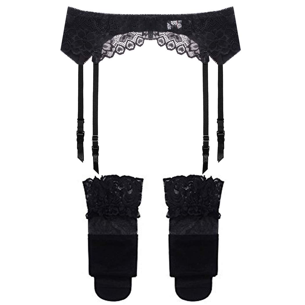 Garter Belt and Stockings - Women's Black Lace Metal Clips Suspender Belt With Thigh High Stockings