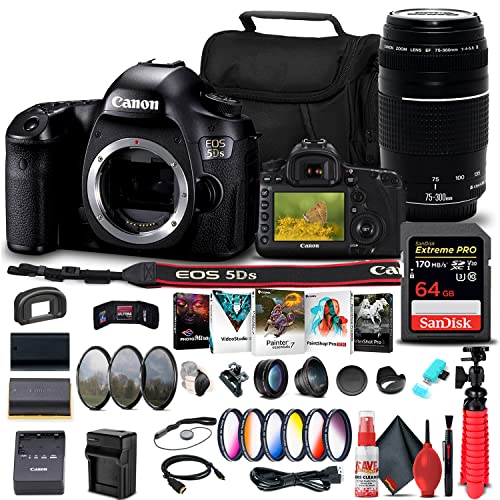 Canon EOS 5DS DSLR Camera (Body Only) (0581C002) + Canon EF 75-300mm f/4-5.6 III Lens (6473A003) + 64GB Memory Card + Color Filter Kit + Filter Kit + LPE6 Battery + External Charger + More (Renewed)