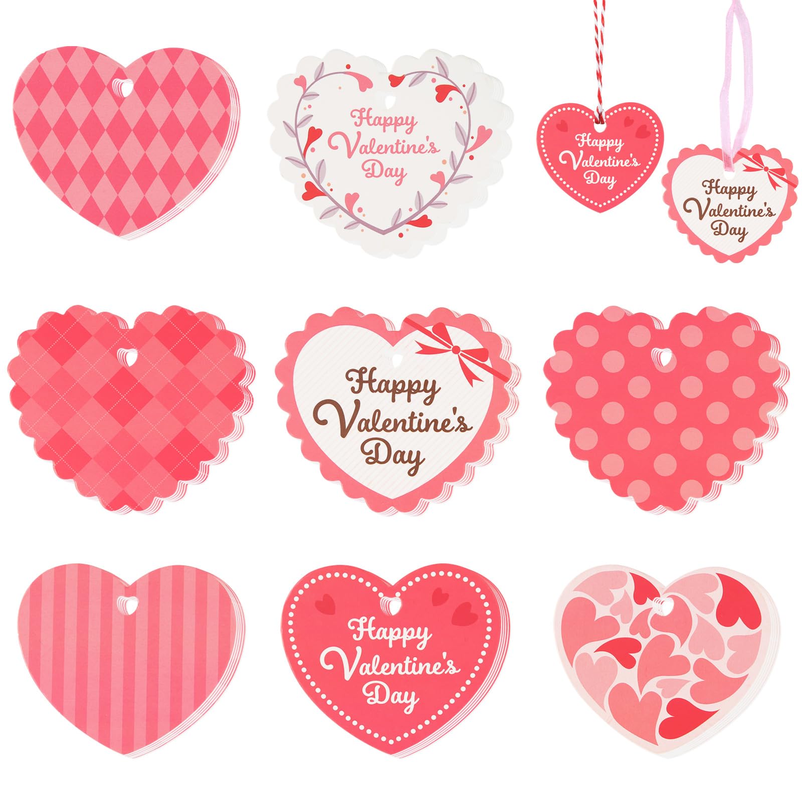 Koogel 160 PCS Heart Kraft Paper Tags, Valentine's Tags with Twine Gift Tags with String for Valentine's Day Wedding 8 Styles Romantic Heart-Shaped Tags