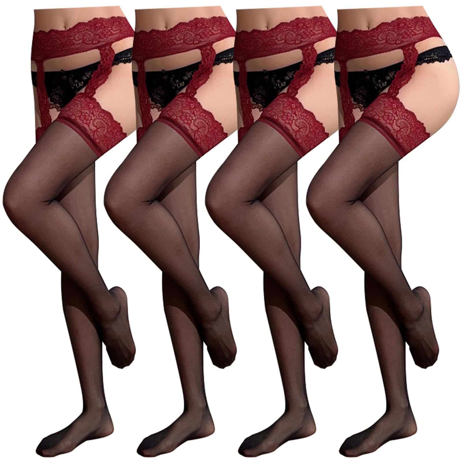 pekichichi Women's Thigh High Stockings Sheers Garter Tights Burgundy Suspender Pantyhose for Women 4 Pairs- Medium Size