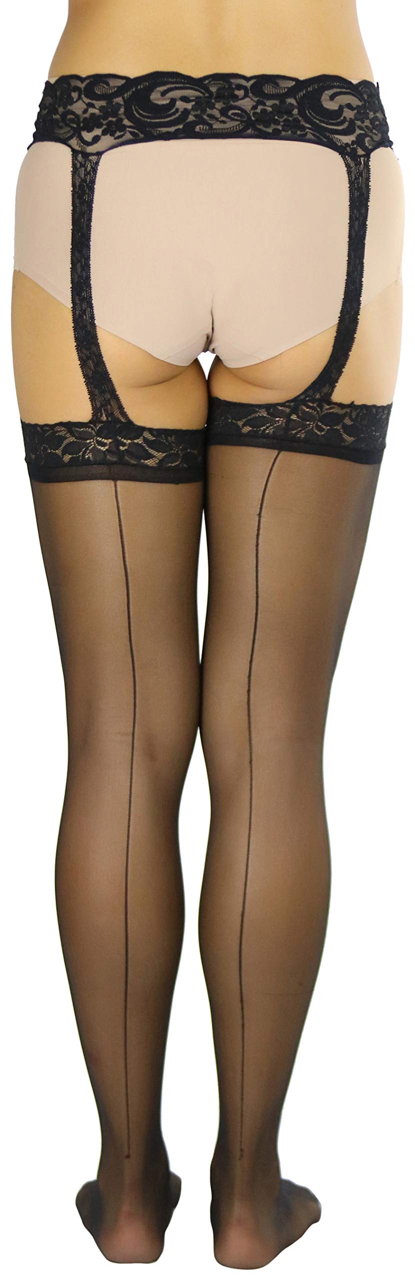 ToBeInStyle Women's All-in-1 Lace Garter Belt Sheer Backseam Stockings - Black - OS