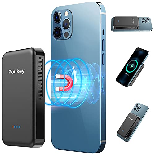 Magnetic Wireless Power Bank 10000mAh, Poukey Mag-Safe Portable Charger with 15W Wireless Charging & 20W PD USB C Fast Charging Compatible with MagSafe Battery Pack for iPhone 12 13 Pro Max/Pro/Mini