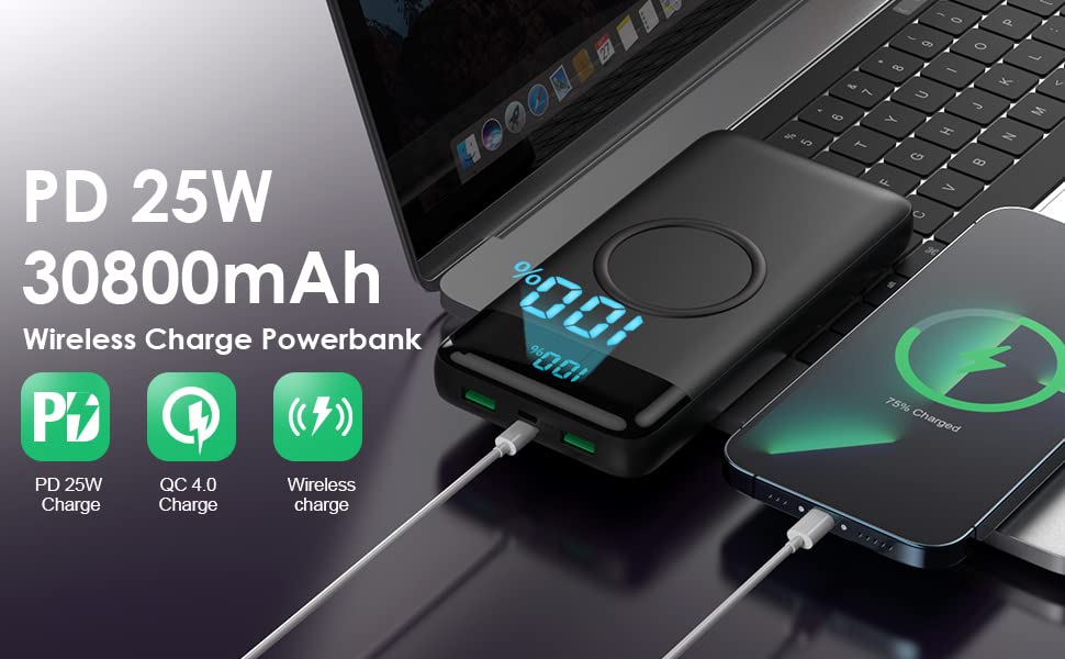 Wireless Portable Charger 30,800mAh 15W Wireless Charging 25W PD QC4.0 Fast Charging Smart LED Display USB-C Power Bank, 4 Output & 2 Input External Battery Pack Compatible with iPhone, Samsung etc