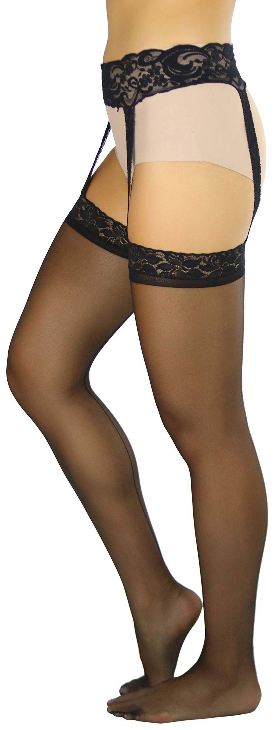 ToBeInStyle Women's All-in-1 Lace Garter Belt Sheer Backseam Stockings - Black - OS