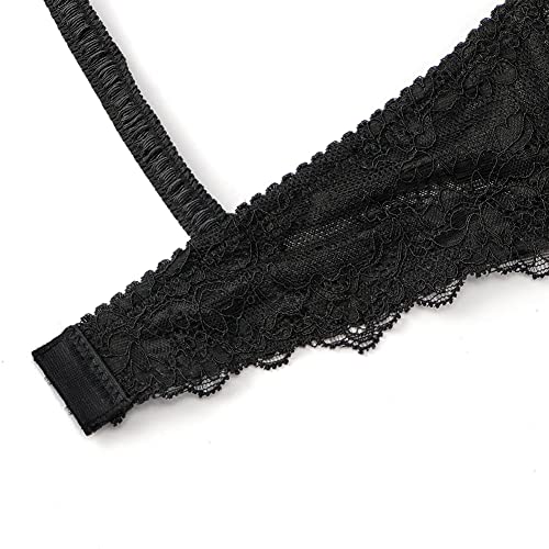 Sexy Code 1701 4 Piece Women Lace Lingerie Set with Garter Belts and Stockings Unlined Balconette Bra with Underwire Black