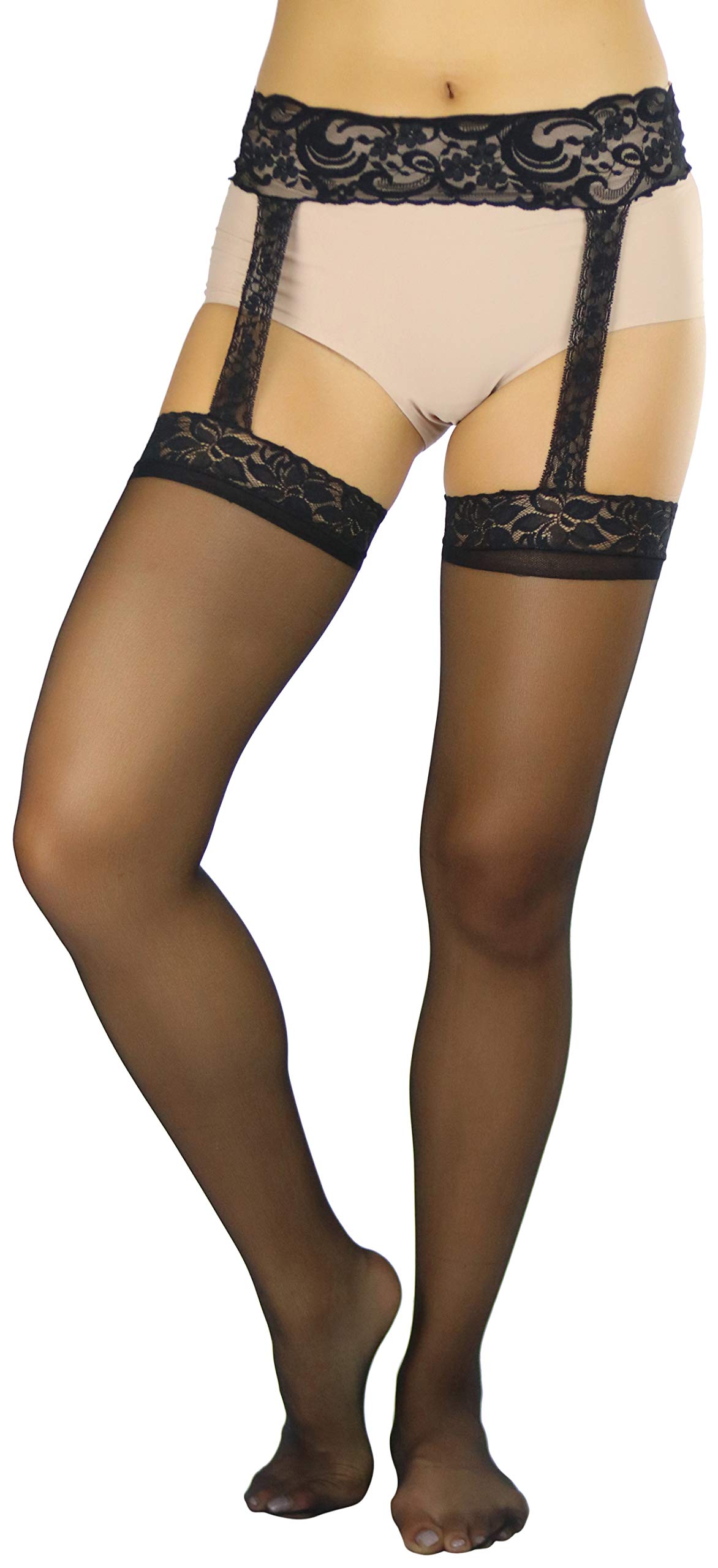 ToBeInStyle Women's All-in-1 Lace Garter Belt Sheer Backseam Stockings - Black - OS