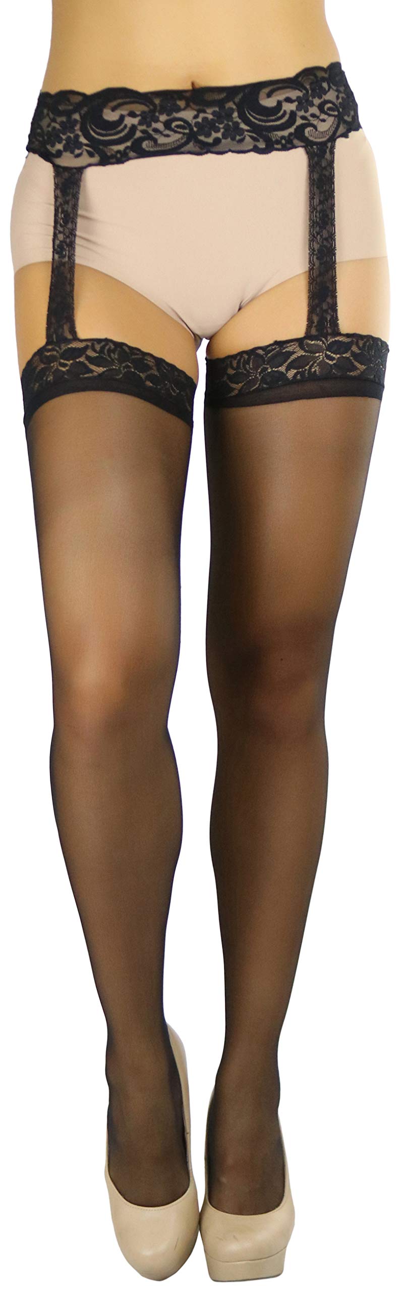 ToBeInStyle Women's All-in-1 Lace Garter Belt Sheer Backseam Stockings - Black - OS