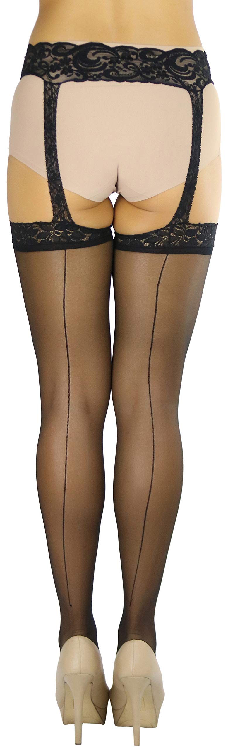 ToBeInStyle Women's All-in-1 Lace Garter Belt Sheer Backseam Stockings - Black - OS
