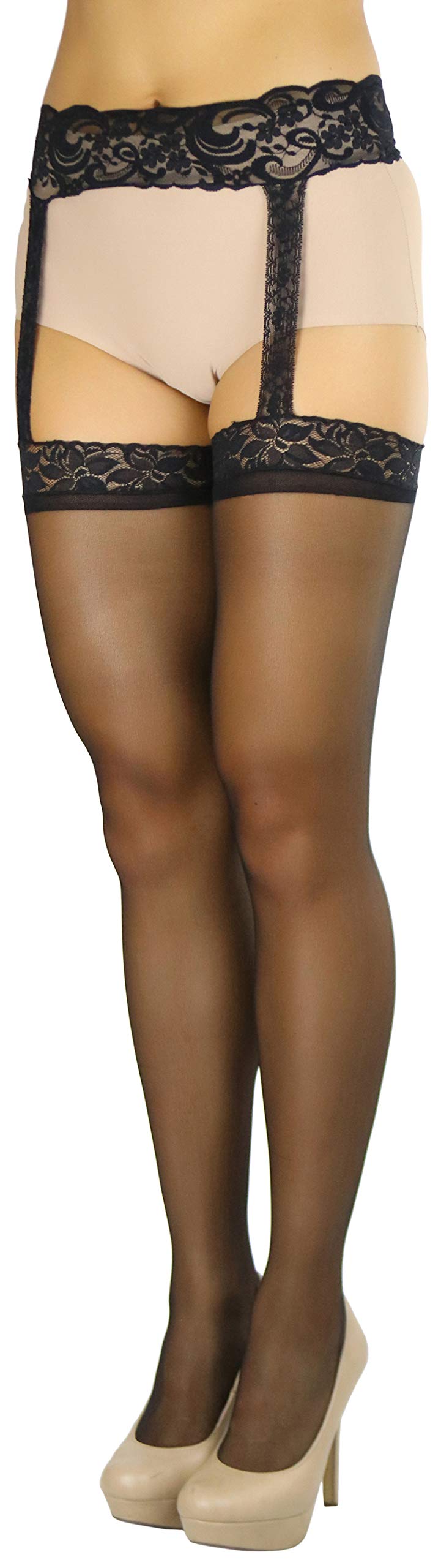 ToBeInStyle Women's All-in-1 Lace Garter Belt Sheer Backseam Stockings - Black - OS