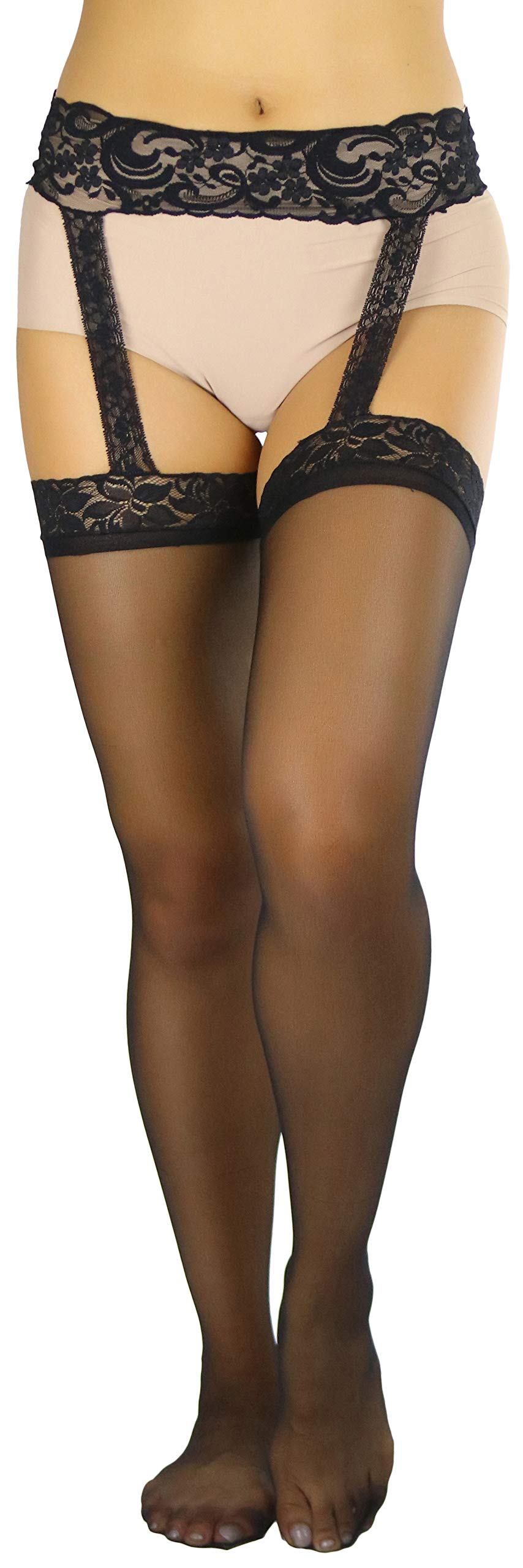 ToBeInStyle Women's All-in-1 Lace Garter Belt Sheer Backseam Stockings - Black - OS