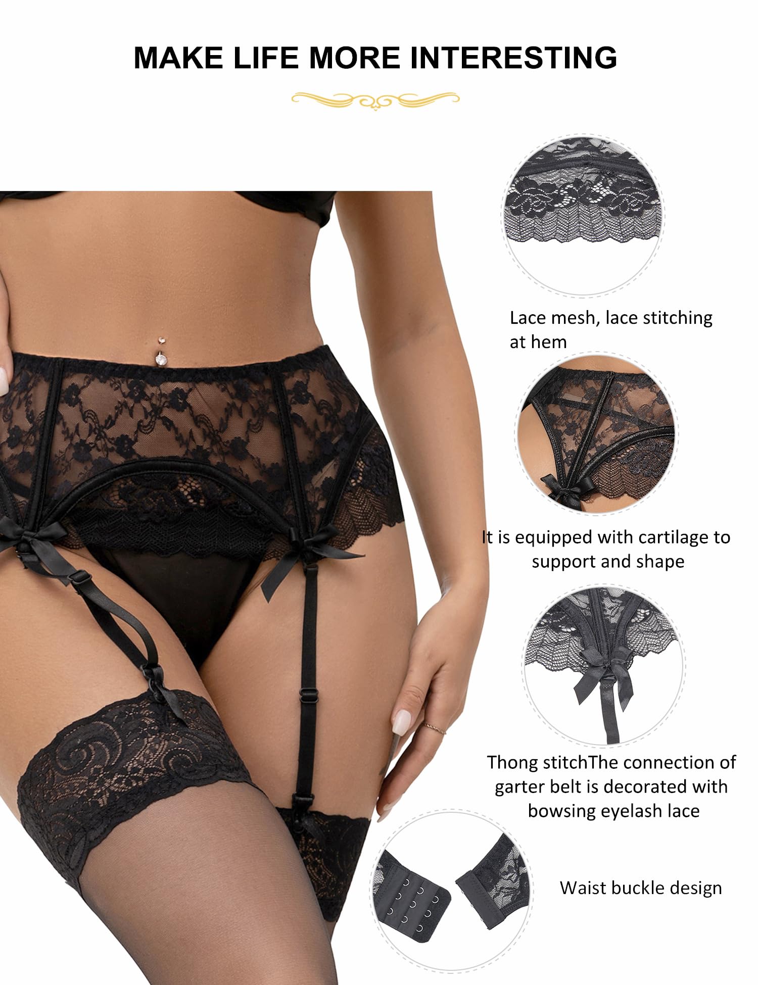 ohyeah Black Floral Lace Garter Belt for Thigh Highs Stocking 4-Strap Metal Clip Sexy Mesh Suspender M-L (Only Garter Belts)