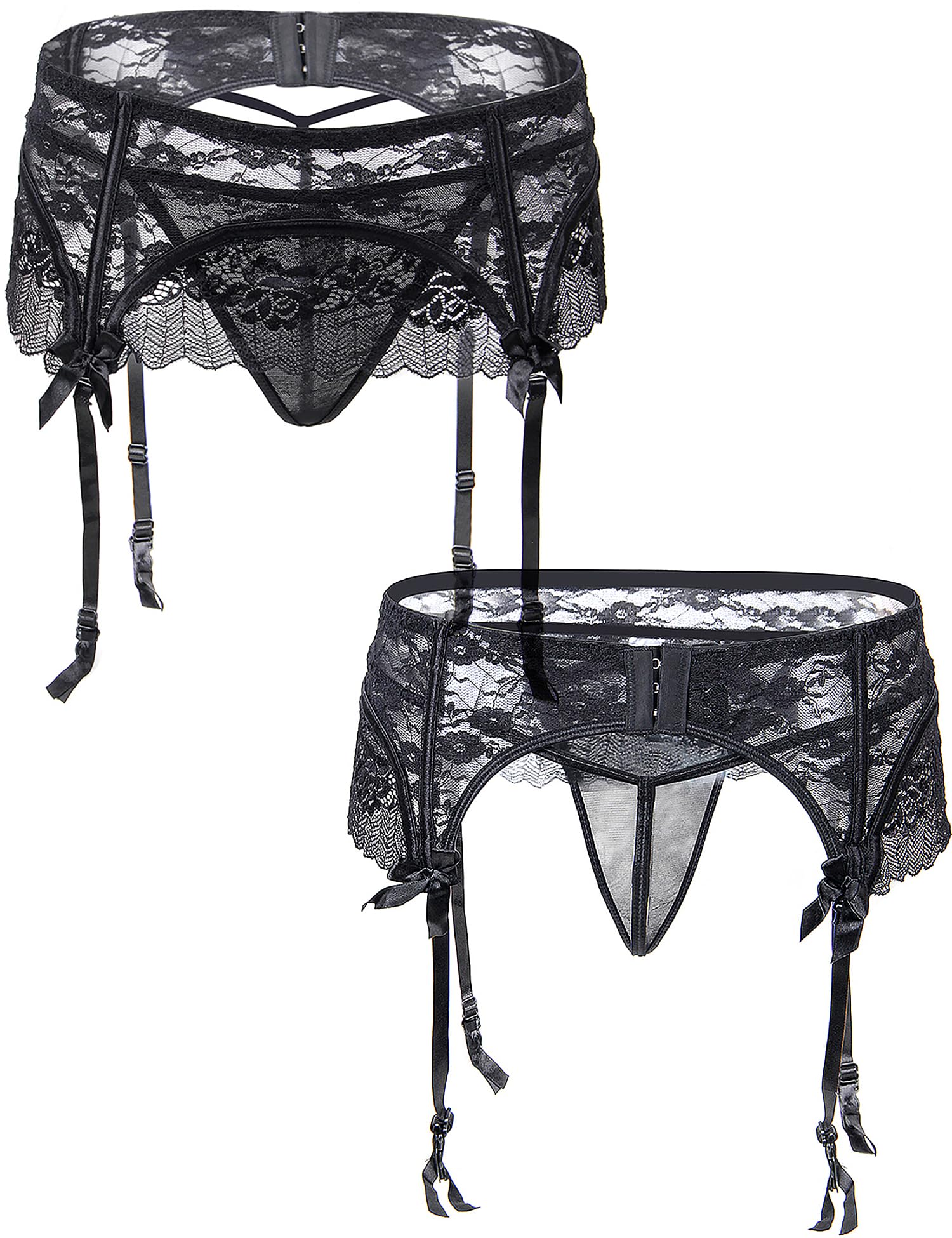 ohyeah Black Floral Lace Garter Belt for Thigh Highs Stocking 4-Strap Metal Clip Sexy Mesh Suspender M-L (Only Garter Belts)