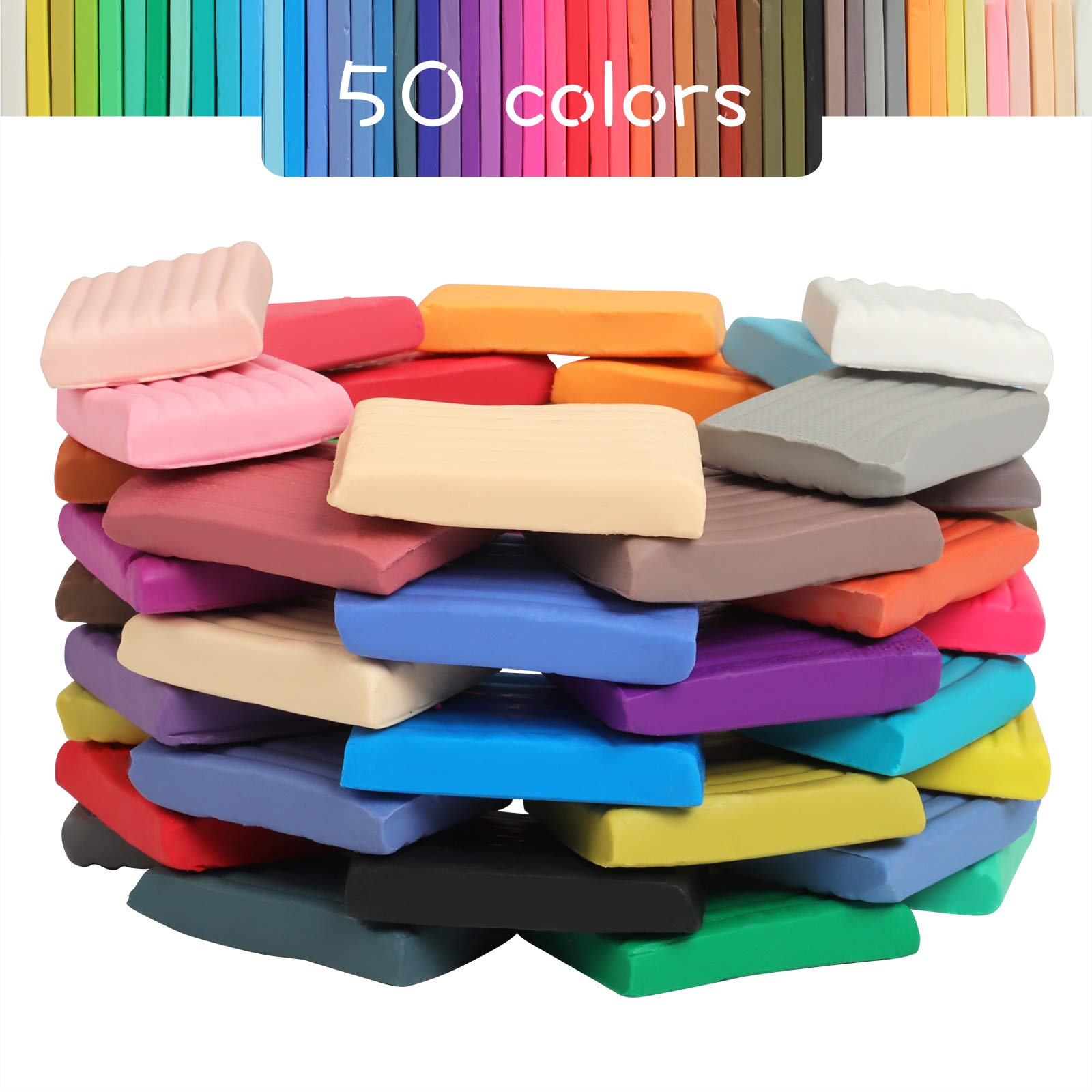 Polymer Clay 50 Colors, Modeling Clay for Kids DIY Starter Kits, Oven Baked Model Clay, Non-Toxic, Non-Sticky,with Sculpting Tools, Ideal Gift for Children and Artists (50 Colors A)