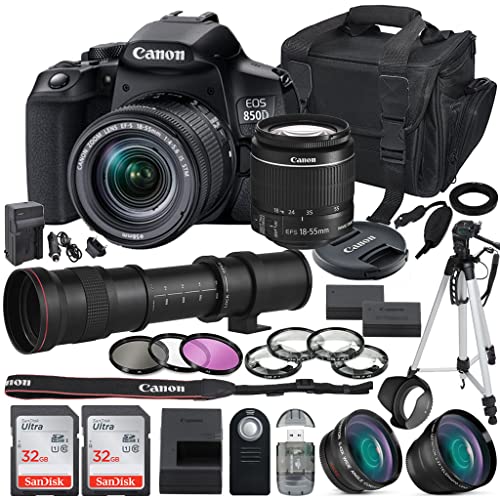 Canon EOS 850D (Rebel T8i) DSLR Camera with 18-55mm Lens Bundle + 420-800mm MF Zoom Lens + 2X 32GB Sandisk Memory + Accessory Bundle Including Auxiliary Lenses, Tripod, Camera case & More (Renewed)