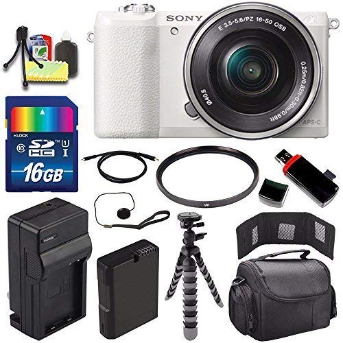 Sony Alpha a5100 Mirrorless Digital Camera with 16-50mm Lens (White) + Battery + Charger + 16GB Bundle 1 - International Version (No Warranty)