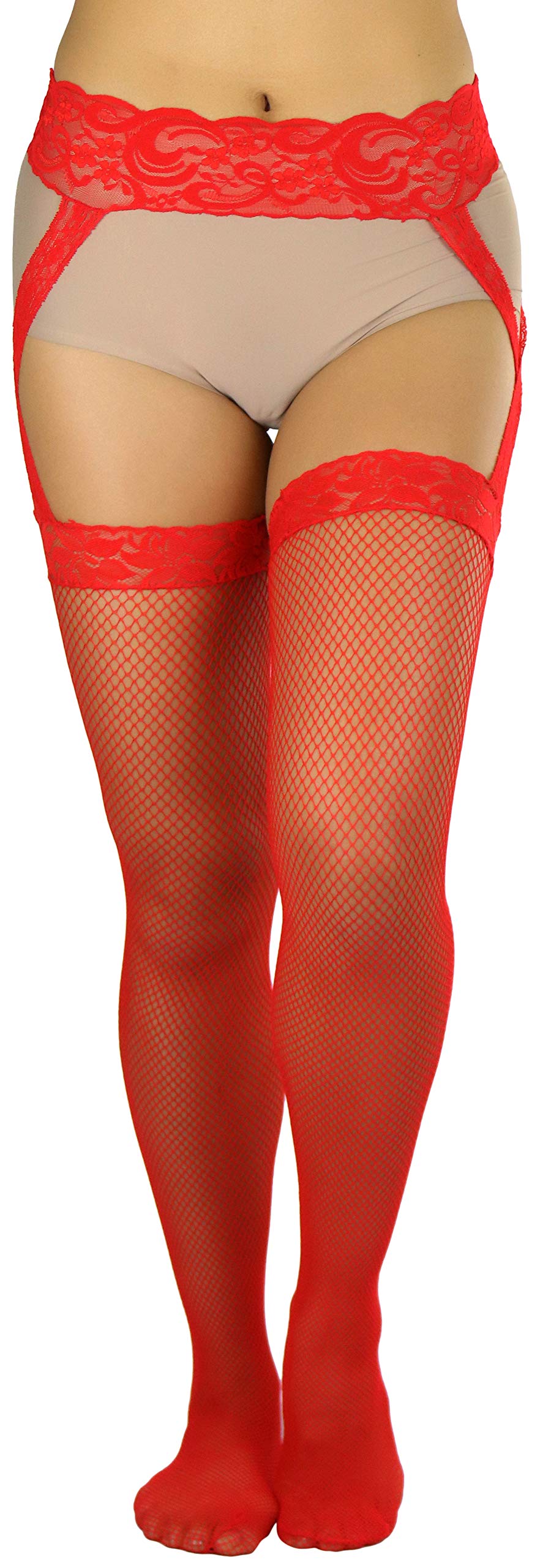 ToBeInStyle Women’s Flirtatious Hip Criss Cross Lace Fishnet Garter Belt Stockings - - Red (Queen)