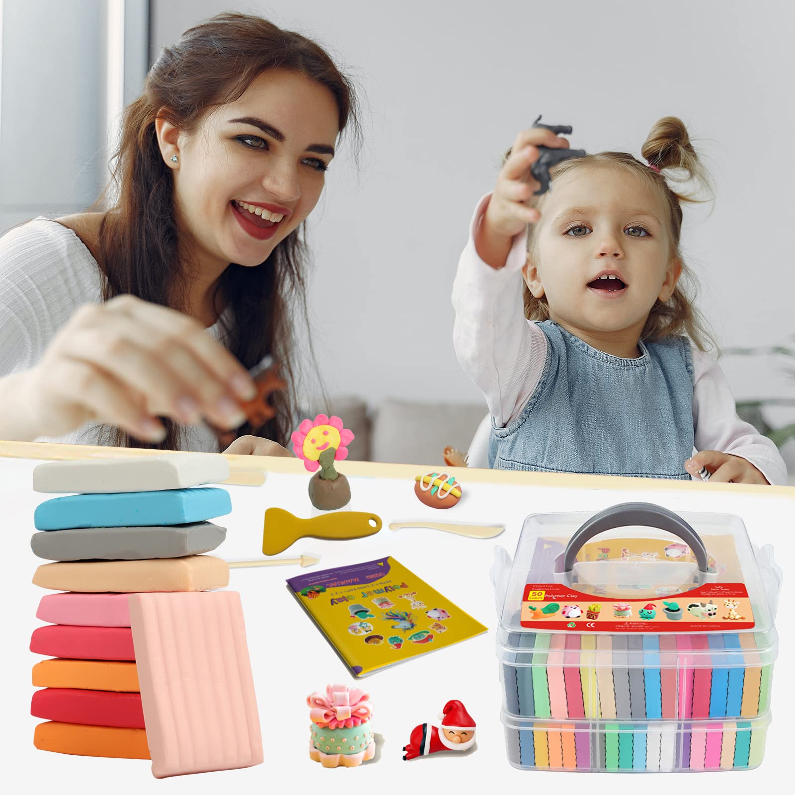 Polymer Clay 50 Colors, Modeling Clay for Kids DIY Starter Kits, Oven Baked Model Clay, Non-Toxic, Non-Sticky,with Sculpting Tools, Ideal Gift for Children and Artists (50 Colors A)