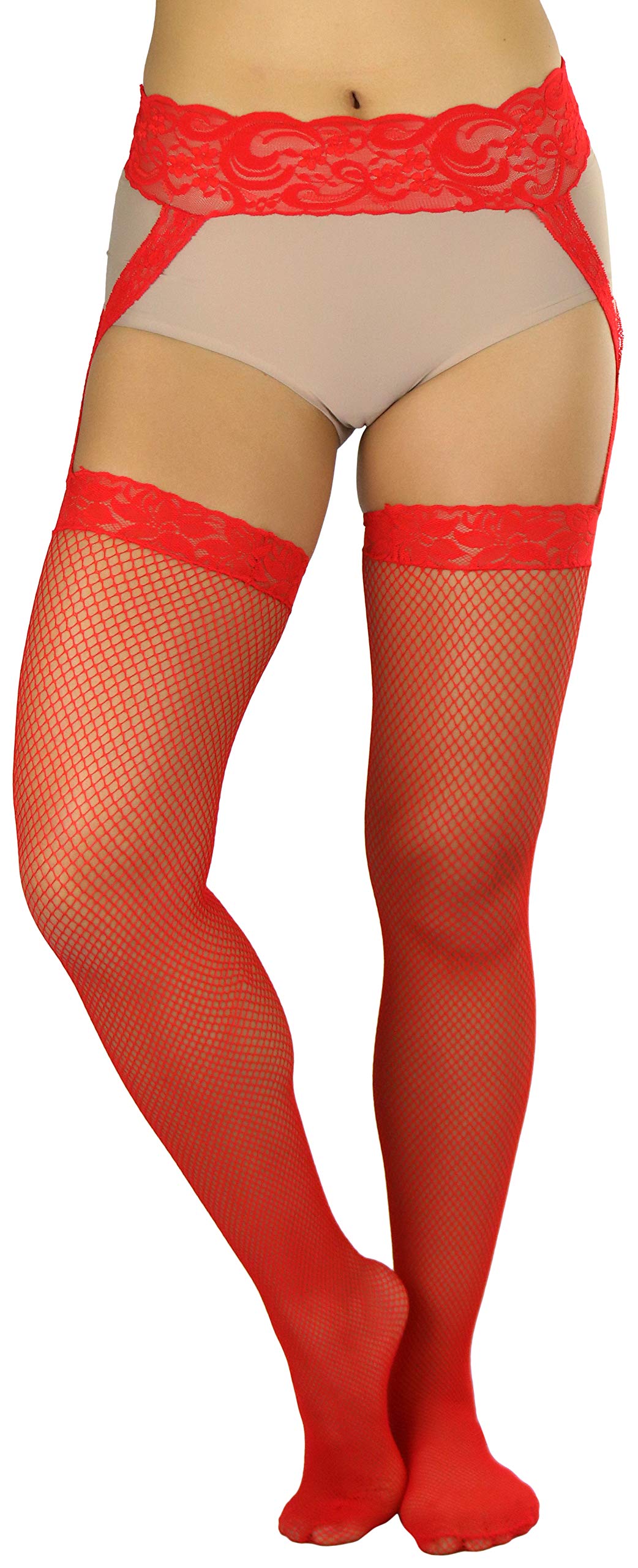 ToBeInStyle Women’s Flirtatious Hip Criss Cross Lace Fishnet Garter Belt Stockings - - Red (Queen)
