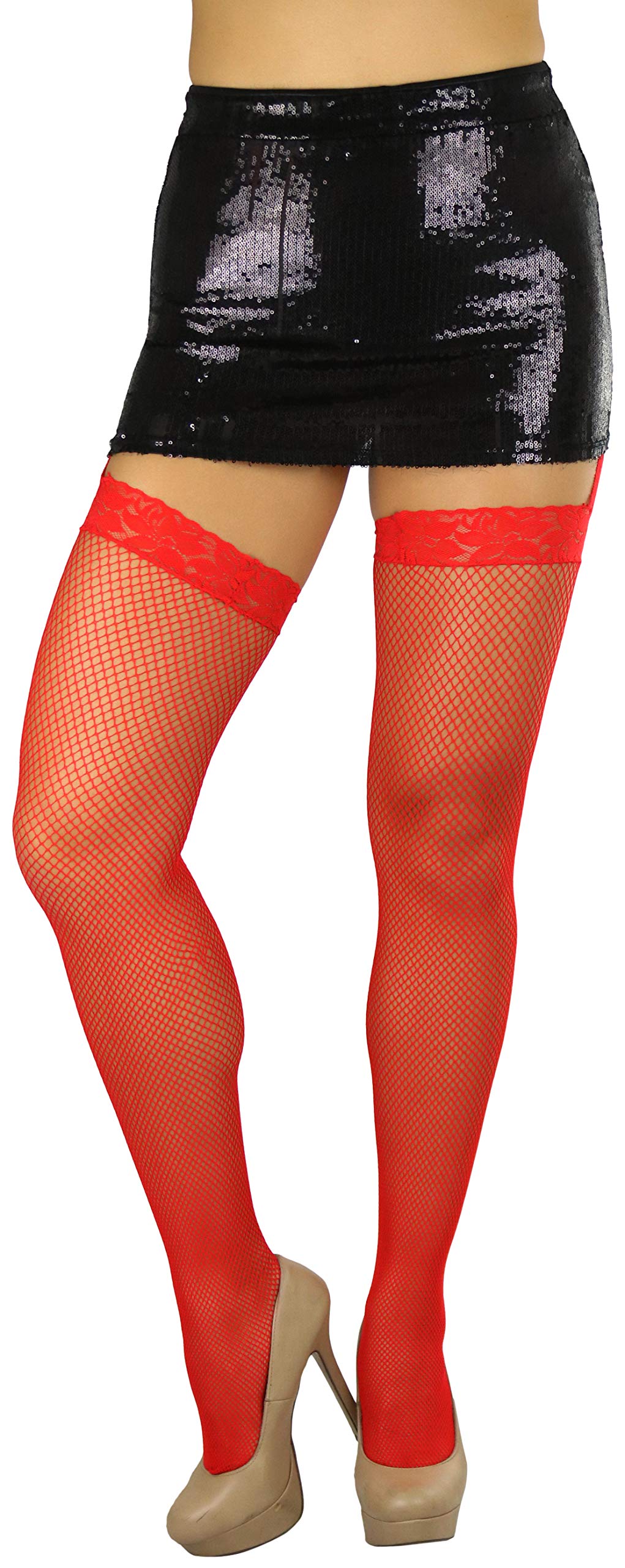 ToBeInStyle Women’s Flirtatious Hip Criss Cross Lace Fishnet Garter Belt Stockings - - Red (Queen)
