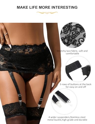 comeondear Womens Lace Garter Belts for Thigh Highs Plus Size Mesh Suspender Belt for Stocking with 4 Straps Slip Black