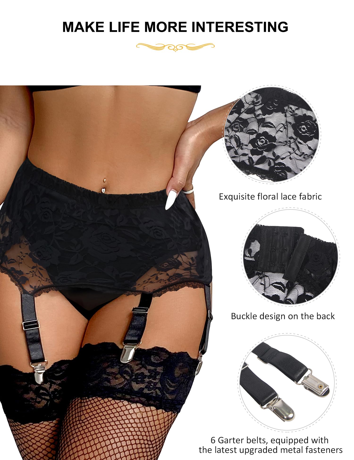 ohmydear Womens Garter Belt for Thigh Highs Plus Size Floral Lace Garter Belt with 6 Straps for Stockings (With Stockings) Black