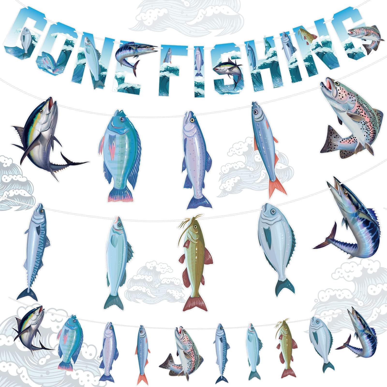 2 Line Fish Party Decorations Gone Fishing String Hanging Banner for Fish Birthday Decorations Retirement Party Decorations Fish Birthday Party Supplies Outdoor Salt Water Barbecue Party Decoration