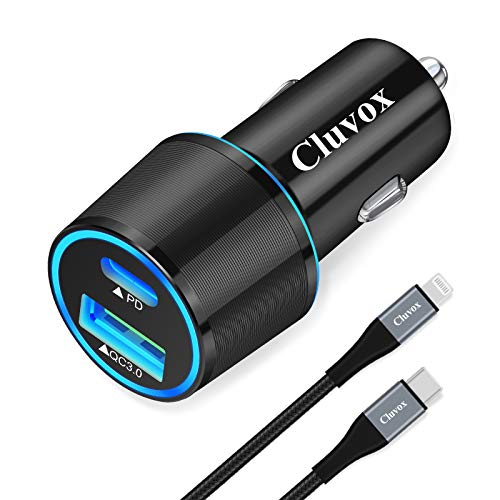 Cluvox 20W Fast USB C Car Charger Adapter with MFi Certified Nylon Cable Compatible for iPhone 14/13/12/Pro/Max/Mini/11/XS/X/XR/8/Plus/SE/Air 3/iPad Mini 5 Rapid PD& QC 3.0 Automobile Charger- 3.3ft
