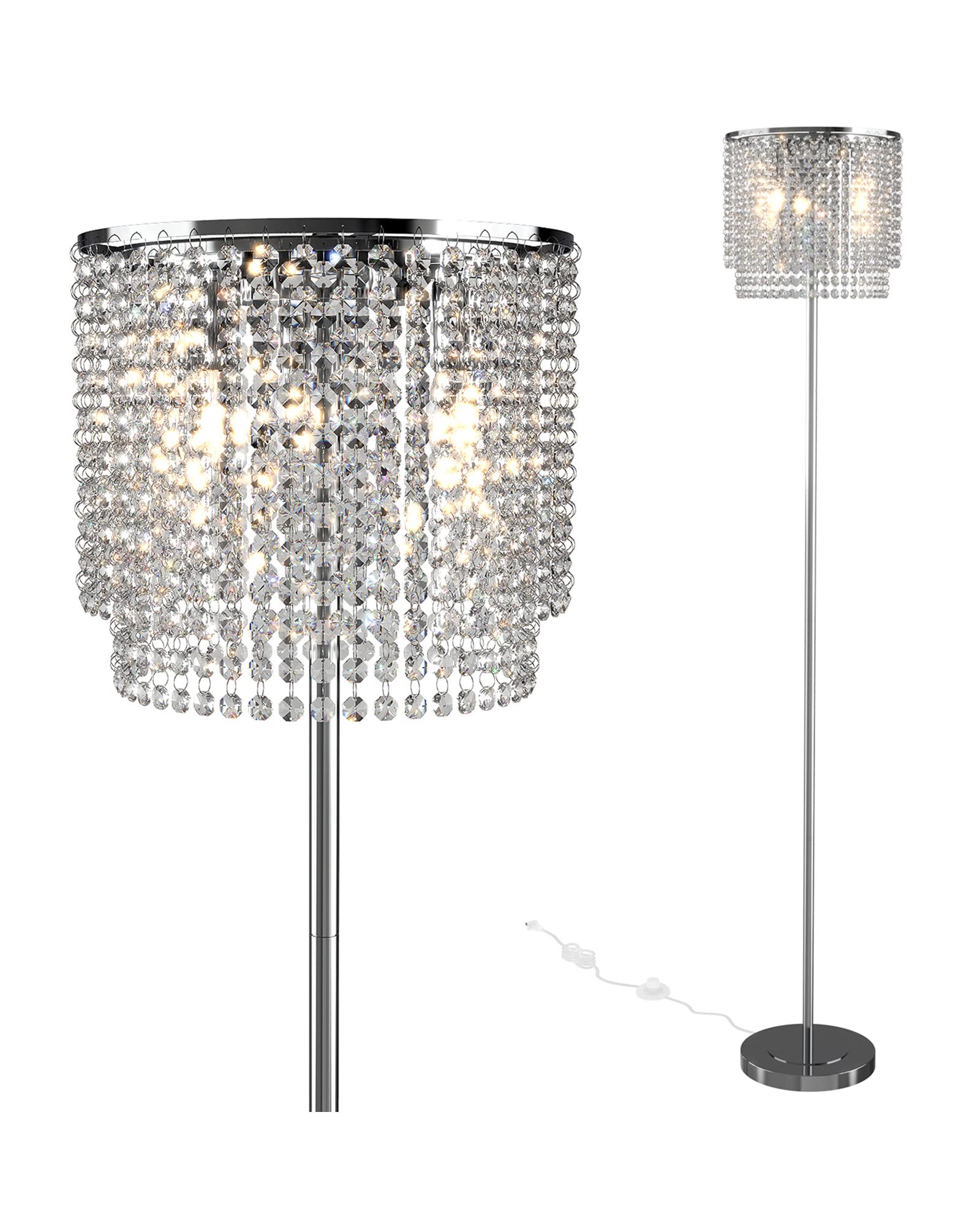 Crystal Floor Lamp, Modern Standing Lights 64.9" Tall Pole Lamp Elegant Chrome Finish with Crystal Shade Floor Lamp Bright Floor Lamp for Living Room Bedroom Office Study Room Girls Room Silver