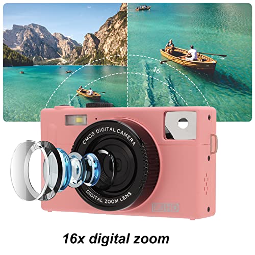 ASHATA 1080P FHD Micro Single Digital Camera 24MP 3 Inch TFT LCD Display 16X Digital Zoom Portable Mini Vlogging Camera Mirrorless Camera for Students, Teens, Kids(Pink)