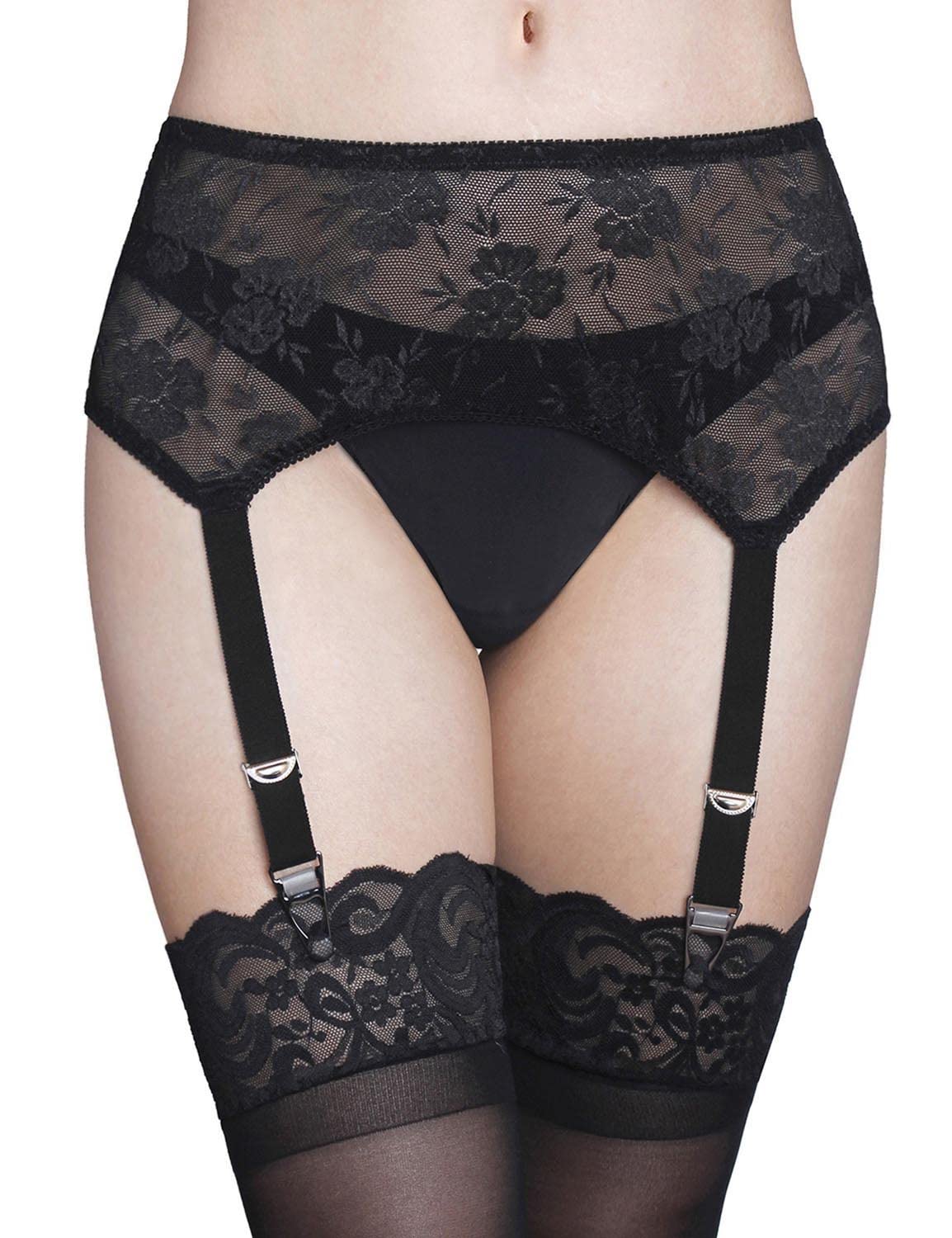 GARGALA Lace Garter Belt Sexy Black Suspenders for Women Lingerie Plus Size with 4 Vintage Metal Clips for Stocking (M)