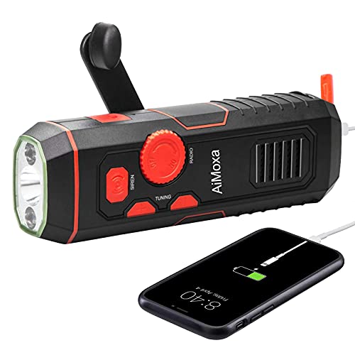 AiMoxa Portable Emergency Radio 【6.1" x 1.9" x 1.3"】, High Lumens Hand Crank Flashlight with Weather Radio, Power Bank for iPhone/Smart Phone, SOS Alarm for Home, Outdoor, Emergency kit