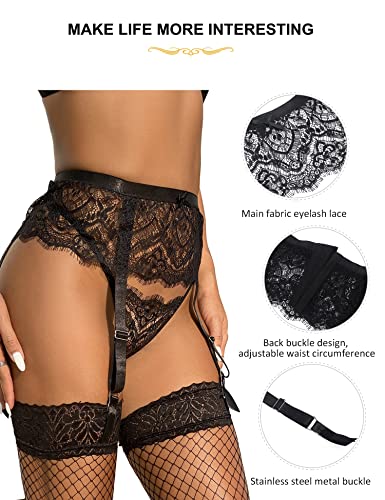 Women Plus Size Lace Garter Blet with 4 Straps Metal Clip for Stocking Mesh Suspender Belt with Thong
