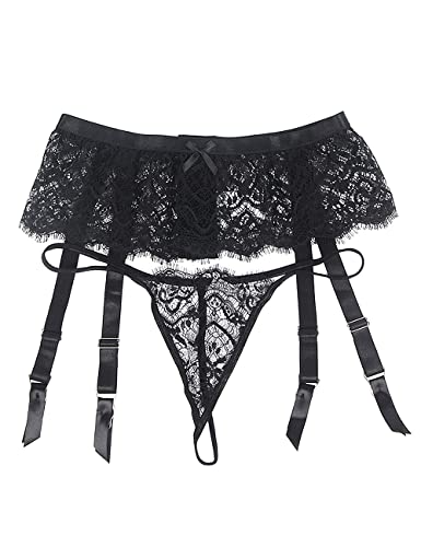 Women Plus Size Lace Garter Blet with 4 Straps Metal Clip for Stocking Mesh Suspender Belt with Thong