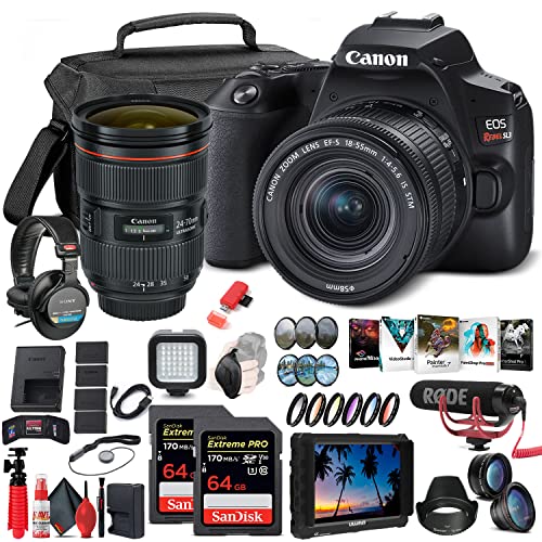 Canon EOS Rebel SL3 DSLR Camera with 18-55mm Lens (Black) (3453C002) + 4K Monitor + Canon EF 24-70mm Lens + Pro Mic + Pro Headphones + 2 x 64GB Memory Card + Color Filter Kit + Case + More (Renewed)