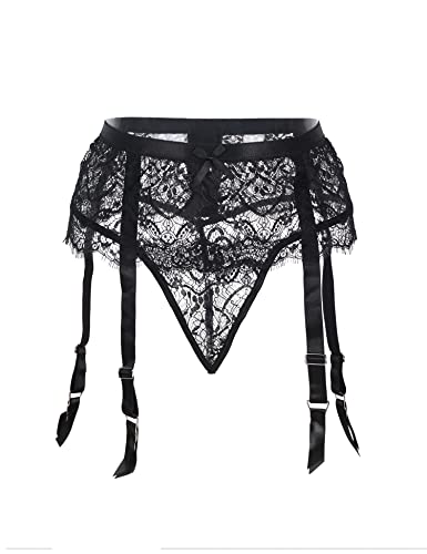 Women Plus Size Lace Garter Blet with 4 Straps Metal Clip for Stocking Mesh Suspender Belt with Thong