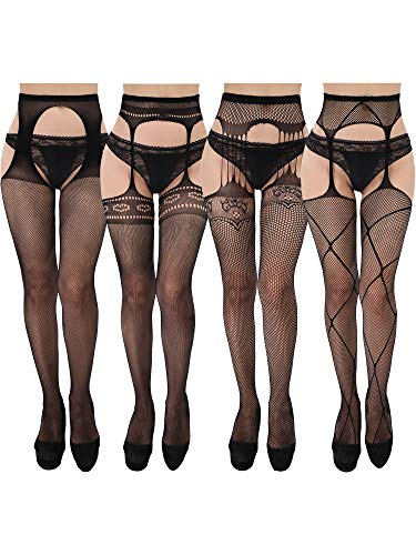 Boao 4 Pairs Woman's Lace Suspender Stockings Thigh-High Pantyhose Stockings Fishnet Tights for Halloween Party (Medium/Large)