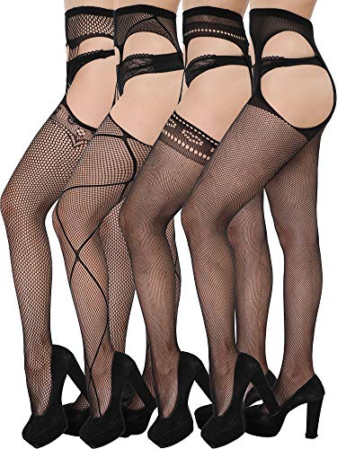 Boao 4 Pairs Woman's Lace Suspender Stockings Thigh-High Pantyhose Stockings Fishnet Tights for Halloween Party (Medium/Large)
