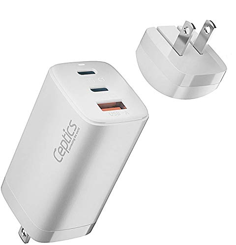 Ceptics USB C Wall Charger, 65W Ultra Compact with Quick Charge 3.0 PD Power Delivery - GAN TECH - Small USB + Dual USB-C - 3 Ports Total - Powerful - Fast QC & PD - White (NAN-65W)