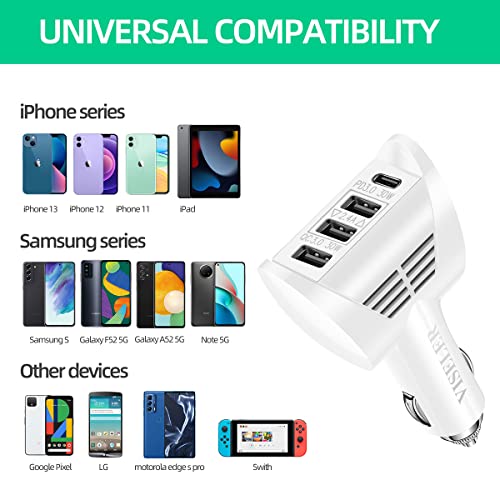 USB C Car Charger Adapter 84W, 4 USB Ports Fast Car Charger, PD3.0 QC3.0 Car Phone Charger Fast Charging Compatible with iPhone 13 12 11 Pro Max iPad, Samsung Galaxy S22/Note 20, Tablet, Pixel, LG.