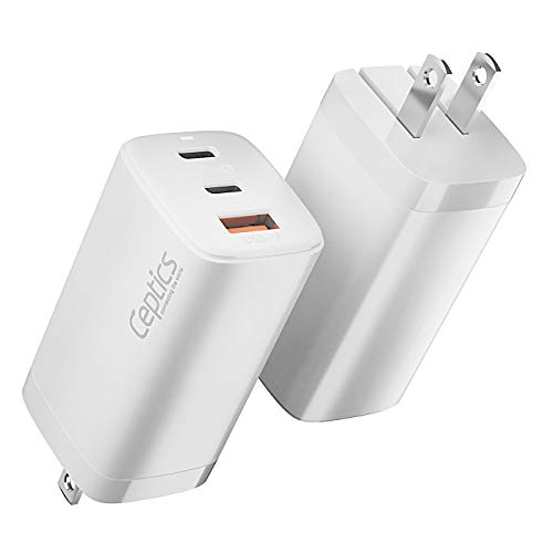 Ceptics USB C Wall Charger, 65W Ultra Compact with Quick Charge 3.0 PD Power Delivery - GAN TECH - Small USB + Dual USB-C - 3 Ports Total - Powerful - Fast QC & PD - White (NAN-65W)