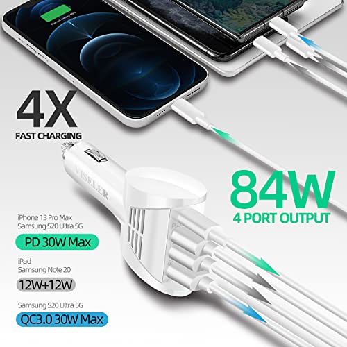 USB C Car Charger Adapter 84W, 4 USB Ports Fast Car Charger, PD3.0 QC3.0 Car Phone Charger Fast Charging Compatible with iPhone 13 12 11 Pro Max iPad, Samsung Galaxy S22/Note 20, Tablet, Pixel, LG.